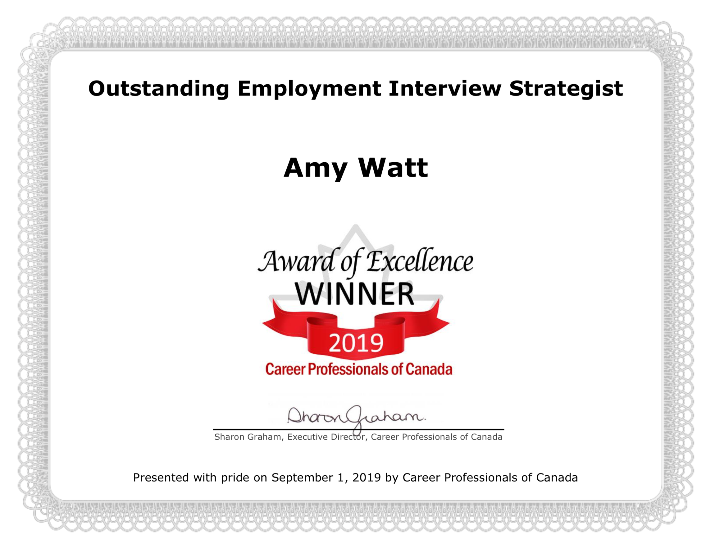 Award of Excellence - Outstanding Employment Interview Strategist - Amy ...
